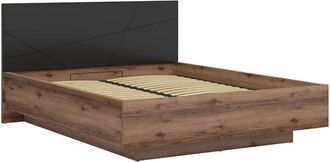 PEGANE Lit coffre 160x200 avec sommier et rangement, coloris Ch&ecirc;ne delano / Noir mat - Longueur 206 x Profondeur 169,5 x Hauteur 98,5/43 cm