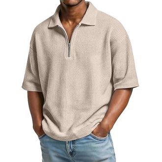 Generic Polo de sport pour homme avec fermeture &eacute;clair quart de fermeture &eacute;clair - Couleur unie - Haut gaufr&eacute; uni - T-shirt de sport &agrave; manches courtes - T-shi