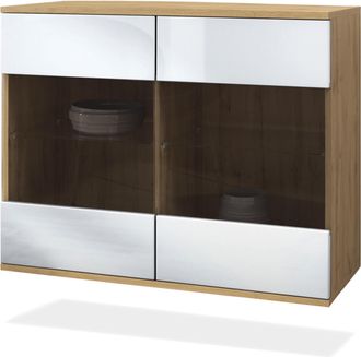Vladon Kommode Bari V3, Moderner K&uuml;chenschrank mit 2 gro&szlig;en Glast&uuml;ren Eiche Evoke/Wei&szlig; Hochglanz (92,5 x 73.5 x 35)