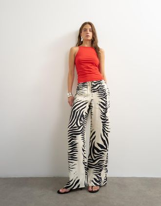Topshop pantalon droit effet satin imprim&eacute; z&egrave;bre-Noir