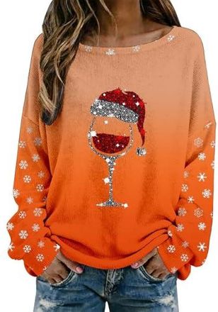 Generic Pull de Noël pour femme - Imprimé verre à vin - Sweat-shirt de Noël décontracté à col rond et manches longues - Coupe ample - Pull de Noël amusant, A 
