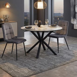Homestyle4u Essgruppe Runder Esstisch &Oslash; 110 cm mit 2 Polsterst&uuml;hlen in Grau - Metallgestell, Dining Set f&uuml;r K&uuml;che & Wohnzimmer. Esszimmer Set Kleiner Tisch in Ste