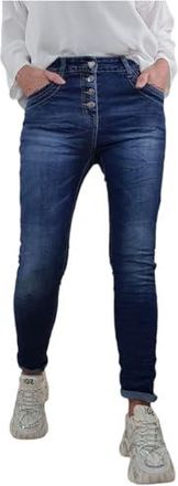 Jewelly Jean stretch | Coupe Boyfriend Baggy | Pantalon pour femme avec boutonni&egrave;re d&eacute;corative | Ajustement parfait, Bleu jeans fonc&eacute;, M