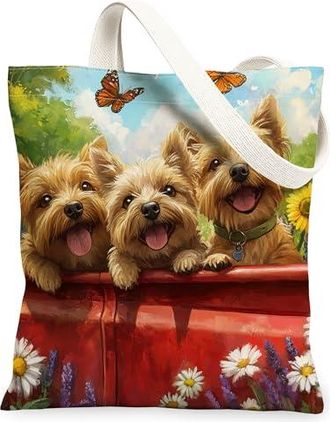 Generic Sac fourre-tout en toile r&eacute;utilisable pour le shopping, 33 x 38 cm, motif chien, labrador retriever, camion, jardin, marguerite, chiot sc&eacute;nique, sac d