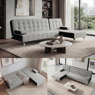 Mendler Schlafsofa HWC-K22, Couch Ecksofa Sofa, Liegefl&auml;che Links/rechts Schlaffunktion 236cm - Stoff/Textil hellgrau, schwarz