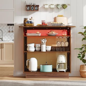 Giantex Bartisch mit Stauraum, Stehtisch K&uuml;che mit LED-Beleuchtung & Rattanoberfl&auml;che, K&uuml;chentheke mit 3 offenen Ablagen & Gl&auml;serhalter, K&uuml;chentisch mit Kipps