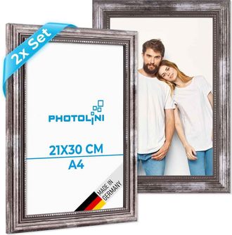 Photolini Barock-Bilderrahmen A4 21x30 cm in Silber antik, 2er Set Holz-Rahmen Vintage, Made in Germany, Echtglas, zum Aufh&auml;ngen, mit Zubeh&ouml;r - verleiht Deinen 