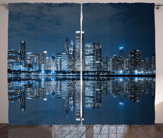 Abakuhaus Chicago Skyline Rustikaler Gardine, Schlafen Stadt, Schlafzimmer Kräuselband Vorhang mit Schlaufen und Haken, 280 x 225 cm, Nachtblau Grau