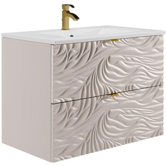 Vente-Unique Vente-Unique - Meuble sous vasque suspendu textur&eacute; 80 cm - 2 tiroirs soft close - Mdf beige - Vasque &agrave; encastrer c&eacute;ramique blanche
