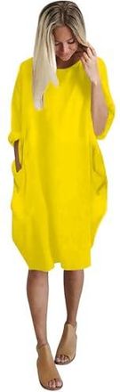Generic Robe décontractée à col rond pour femme - Manches longues - Grande taille - Avec poches, jaune, XXL