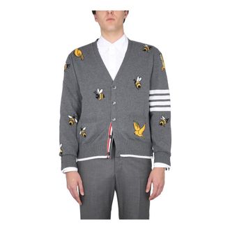 Thom Browne Birds and Bees Half Drop Intarsia V Neck Cardigan - - Knitwear - Herren - Grau - 2XL