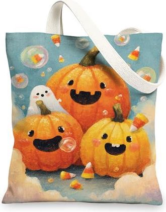 Generic Sacs fourre-tout en toile motif citrouille mignonne, sacs dépicerie réutilisables, légers et lavables avec bandoulière en toile B, Orange, 13x15 Inch