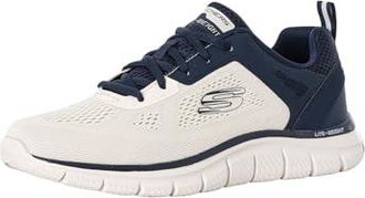 Skechers Baskets Track Broader pour Homme, Bordure en Maille synthétique Blanc cassé Bleu Marine, 43 EU