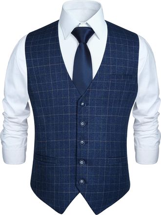 Hisdern Herren Blau formale Hochzeit Party Weste Baumwolle Plaid Check Royal Blue Kleid Anzug Weste XXL