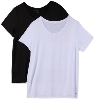 Amazon Essentials Damen Kurzärmeliges T-Shirt mit V-Ausschnitt aus Tech-Stretch-Stoff - Auslauffarben, 2er-Pack, Schwarz/Weiß, 4XL Große Größen