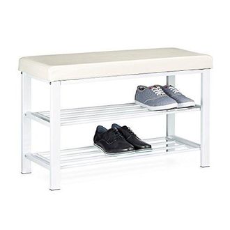 Relaxdays Banc de rangement &agrave; chaussures, pour 6-8 paires, meuble en similicuir, 2 niveaux, HxlxP 49 x 81 x 31 cm, blanc