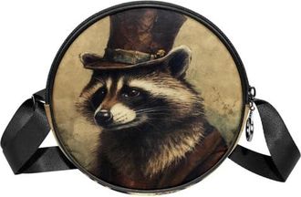 Generic Sac &agrave; bandouli&egrave;re rond pour femme, motif raton laveur, style vintage, avec fermeture &eacute;clair, bretelles r&eacute;glables, sac &agrave; main rond d&eacute;contract&eacute; pour fem
