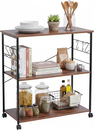 Relaxdays K&uuml;chenrollwagen, 3 Ablagen, 6 S-Haken, K&uuml;che, Servierwagen HxBxT: 87 x 80 x 40 cm, MDF & Eisen, braun/schwarz