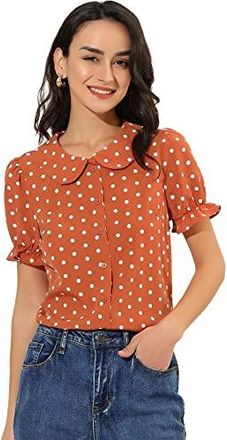 Allegra K Chemise à Manches Courtes Bouffante à col de poupée Vintage à Pois pour Femmes Rouge-Orange XL