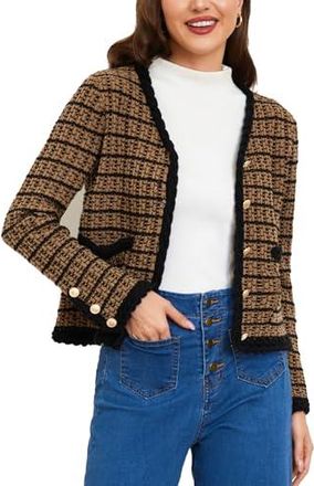Belle Poque Cardigan vintage boutonné en tweed avec poches pour femme, marron, M