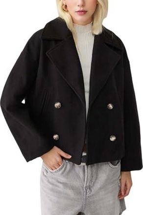 Generic Manteau court pour femme, surdimensionné, décontracté, élégant, mélangé, col à revers, veste dhiver courte tendance, Noir, 3XL