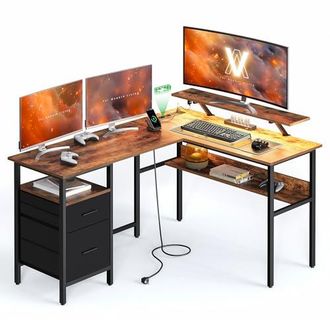 Vasagle L-f&ouml;rmiger Schreibtisch mit Steckdosen, Eckschreibtisch, Computertisch, Monitorst&auml;nder, Gaming-Tisch, LED-Beleuchtung, USB-Anschl&uuml;sse, 150 x 120 x 76 