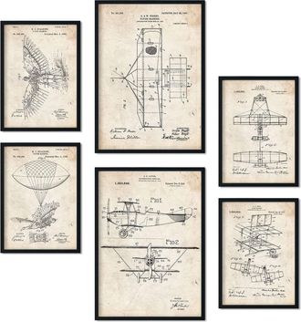 Nacnic Set von 6 Plakaten mit Flugzeug Patenten. Plakate mit Retro-Patentabbildungen. Inneneinrichtung im Vintage-Stil. Grösse A4 und A3. Ohne Rahmen