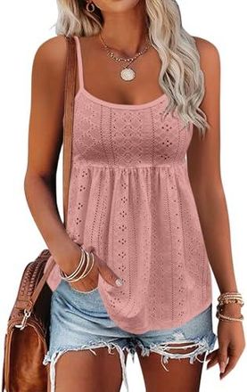 Onsoyours Debardeur Femme Ete Camisole Top à Bretelles Haut Chic et Elegant Col en V Sangle Spaghetti Caraco Oeillet Broderie Hauts sans Manche A Rose M