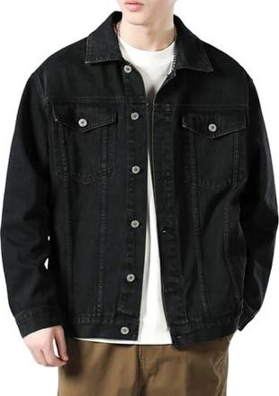 Generic Veste en jean dinspiration vintage pour homme avec plusieurs poches en coton m&eacute;lang&eacute;, lavable en machine, d&eacute;contract&eacute;, Noir, 3XL