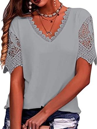 Onsoyours Chemisier Femme Sexy Chic Hauts À Manches Courtes Dentelle Ample Tunique Blouse Elégante Mode Col V Shirt Tops Imprimé Dété Vintage Basique Pull Top A