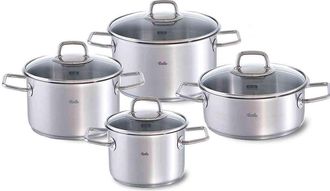 FISSLER Viseo/Edelstahl-Topfset, 4-teilig, Kochtopf-Set, Töpfe mit Glas-Deckel, Induktion, alle Herdarten (3 Kochtöpfe, 1 Bratentopf)