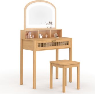 IDMarket EDHEN Schminktisch mit LED Spiegel, 1 Schublade, 3 Nischen und Hocker Cannage und Holz