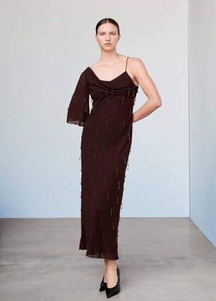 Mango Robe asym&eacute;trique &agrave; franges et &agrave; strass grenat - Femme - XS - MANGO