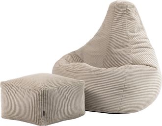 Icon Brand Dalton Sitzsack mit Hocker Cord, Beige, Gaming Sitzsack Erwachsene mit Füllung, Bean Bag, Cord Sessel, Lounge Sessel, Lounge Stuhl, Schlafzimmer, Wohn