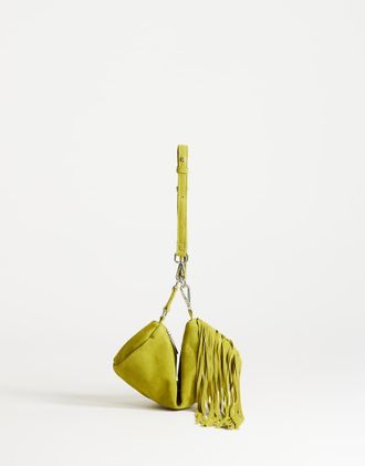 Topshop Jemma kleine Schultertasche aus echtem Leder mit Fransen in Gr&uuml;n