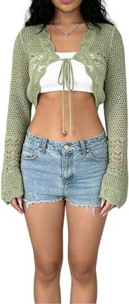 Generic Cardigan en crochet pour femme - Manches cloches - Ouverture sur le devant - L&eacute;ger - Pour l&eacute;t&eacute; - Cache-maillot de plage - Bol&eacute;ro court, Vert, XL