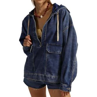 Generic Pull en jean surdimensionn&eacute; pour femme avec demi-fermeture &eacute;clair et poches - V&ecirc;tement dext&eacute;rieur d&eacute;contract&eacute;, noir fonc&eacute;, XL