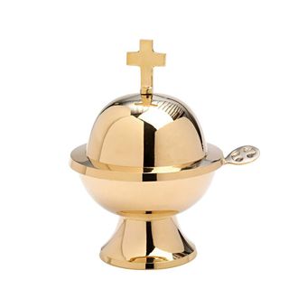 NKlaus Schiffchen mit Kreuz L&ouml;ffelchen Aufbewahrung Weihrauchfa&szlig; Messing Gold Deko 7560