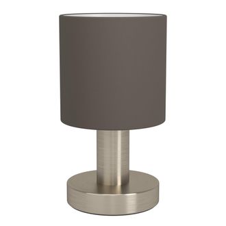 Eglo Tischlampe Monetto, kleine Deko Tischleuchte Wohnzimmer, Elegante Nachtischlampe, Schlafzimmer Lampe Silber mit Textil Lampenschirm in Cappuccino, E14