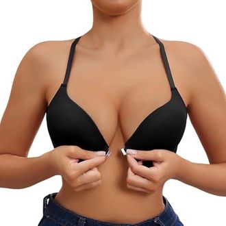 Generic Soutien-gorge pour femme, soutien-gorge push-up en V, fermeture sur le devant, grande taille, dos nageur, t-shirt rembourr&eacute; en dentelle, 2026, Noir, 6