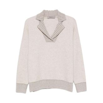 D.exterior Pullover mit V-Ausschnitt und gestreiftem Kragen - - Knitwear - Damen - Beige - XL