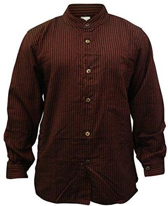 Shopoholic Fashion Chemise Grand-père à Rayures pour Hommes, vêtements Hippies en Coton tissé à la Main à Manches Longues et col Bande, Marron, M