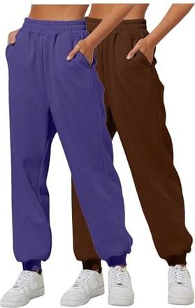 Generic Lot de 2 pantalons de jogging doublés en polaire pour femme - Pantalon de jogging chaud avec poches - Pantalon de survêtement thermique avec cordon de