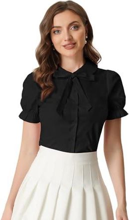 Allegra K Chemisier boutonn&eacute; en Coton &agrave; Manches Bouffantes et col Claudine pour Femmes Noir XS