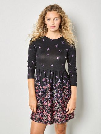 Apricot Minikleid Feines Strickkleid mit Blumenmuster