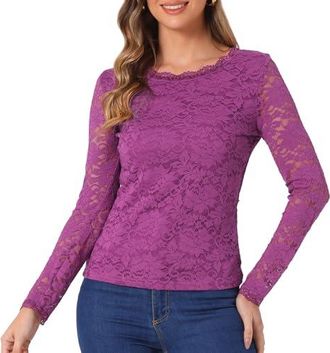 Allegra K Haut en Dentelle brod&eacute; &agrave; Manches Longues pour Femmes Violet Fonc&eacute; M