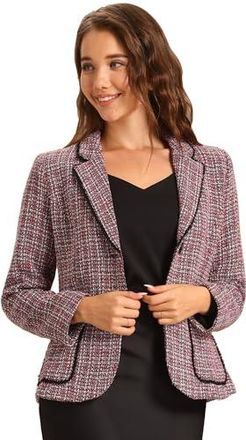 Allegra K Veste en Tweed &agrave; Carreaux Femme avec Bouton &agrave; Revers Crant&eacute; Blazer &Eacute;l&eacute;gant &agrave; Manches Longues Rouge Noir M