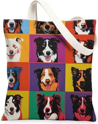 Generic Sac fourre-tout en toile Pop Art Border Collie pour faire du shopping, 33 x 38,1 cm, motif chiot abstrait amusant et amusant, sac d&eacute;picerie r&eacute;utilisab