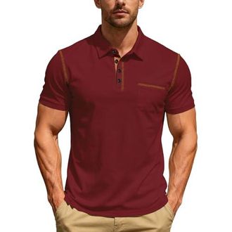 Generic Polo &agrave; manches courtes pour homme, coupe droite, col henley, t-shirts solides et confortables pour le sport daffaires, Rouge, 3XL