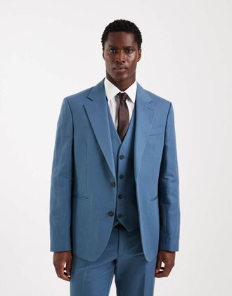 Asos Veste de costume ajust&eacute;e en serg&eacute; de lin m&eacute;lang&eacute; - Bleu moyen